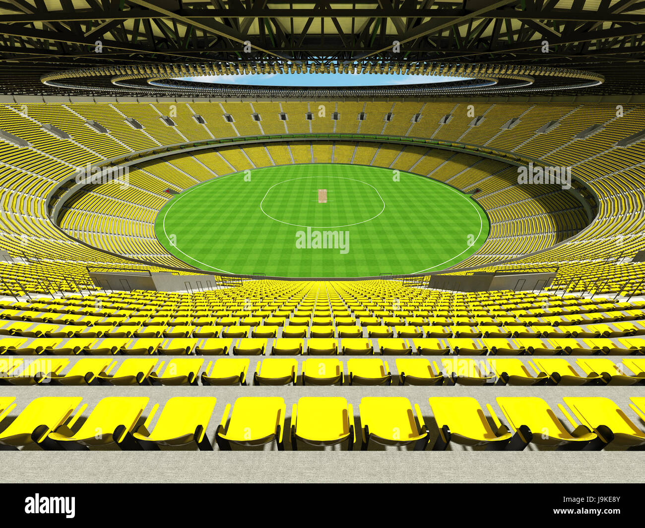 3D render of a beautiful modern round cricket stadium with bright ...