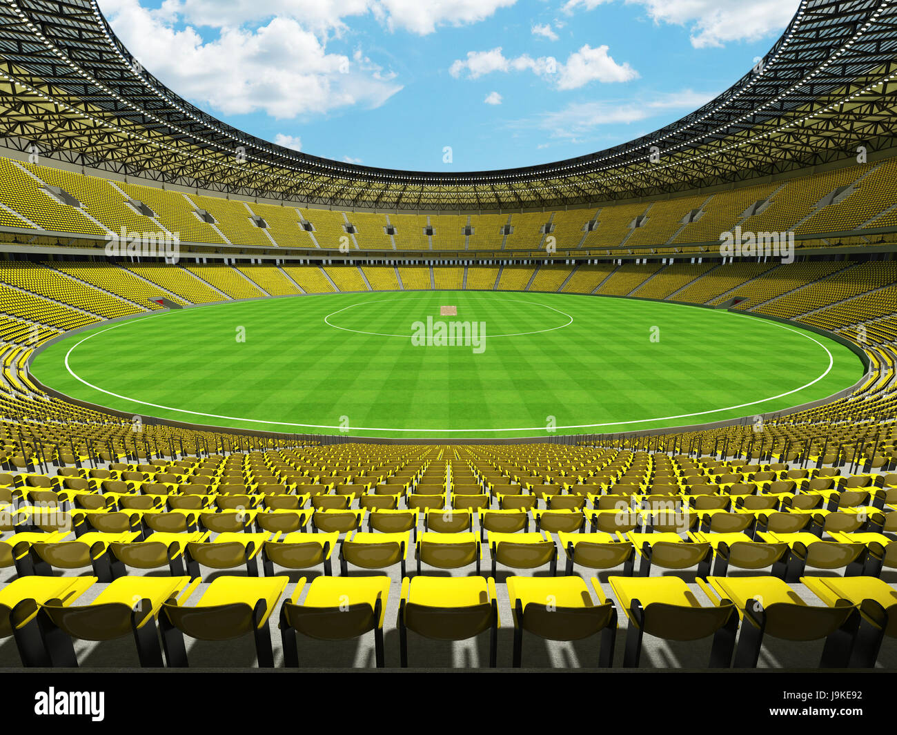 3D render of a beautiful modern round cricket stadium with bright ...