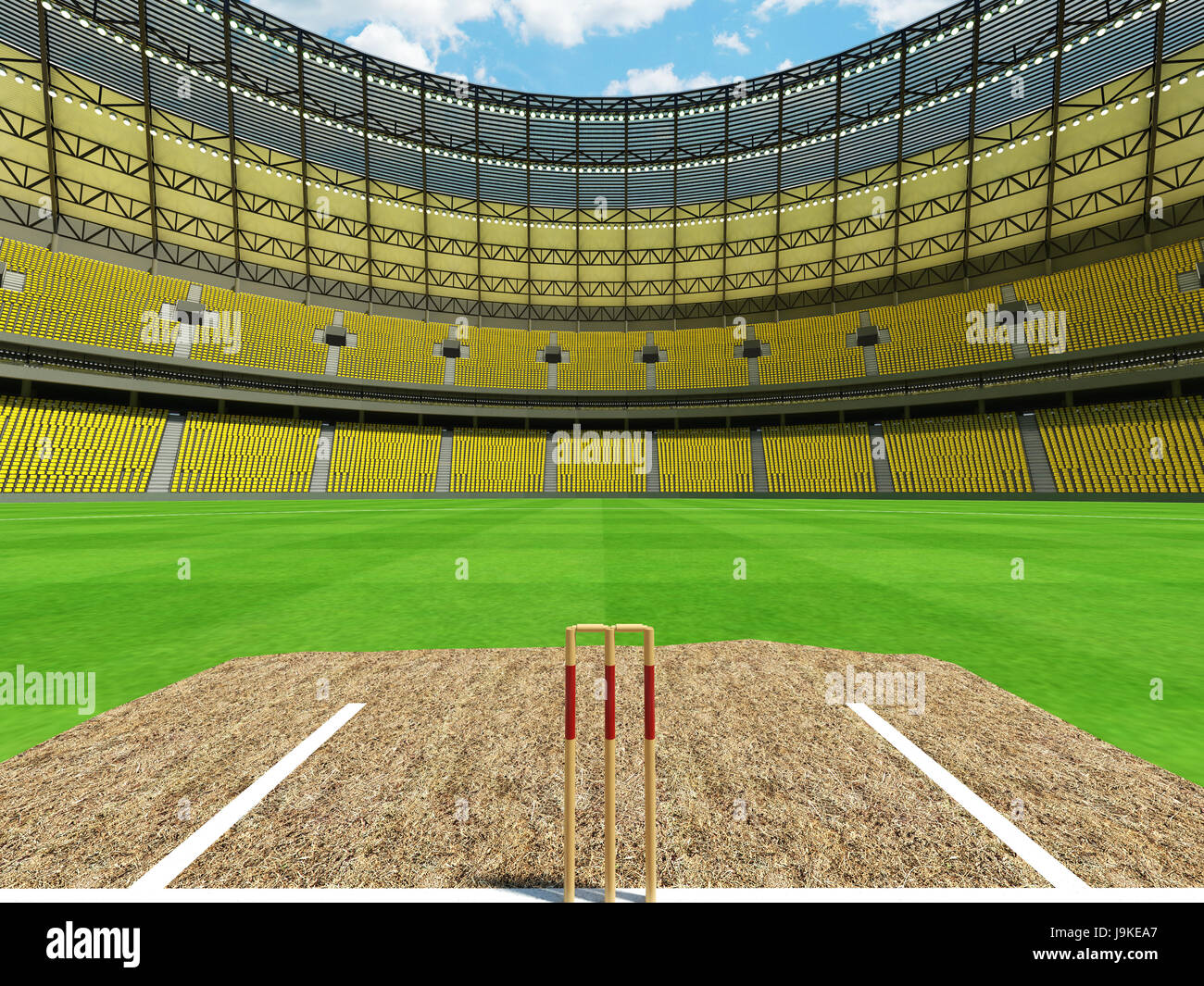 3D render of a beautiful modern round cricket stadium with bright ...