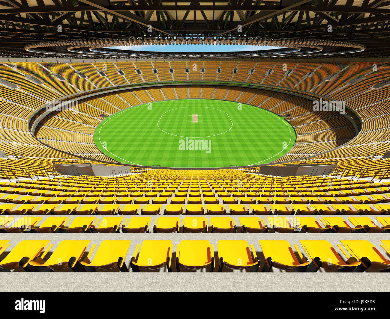 3D render of a beautiful modern round cricket stadium with yellow seats ...