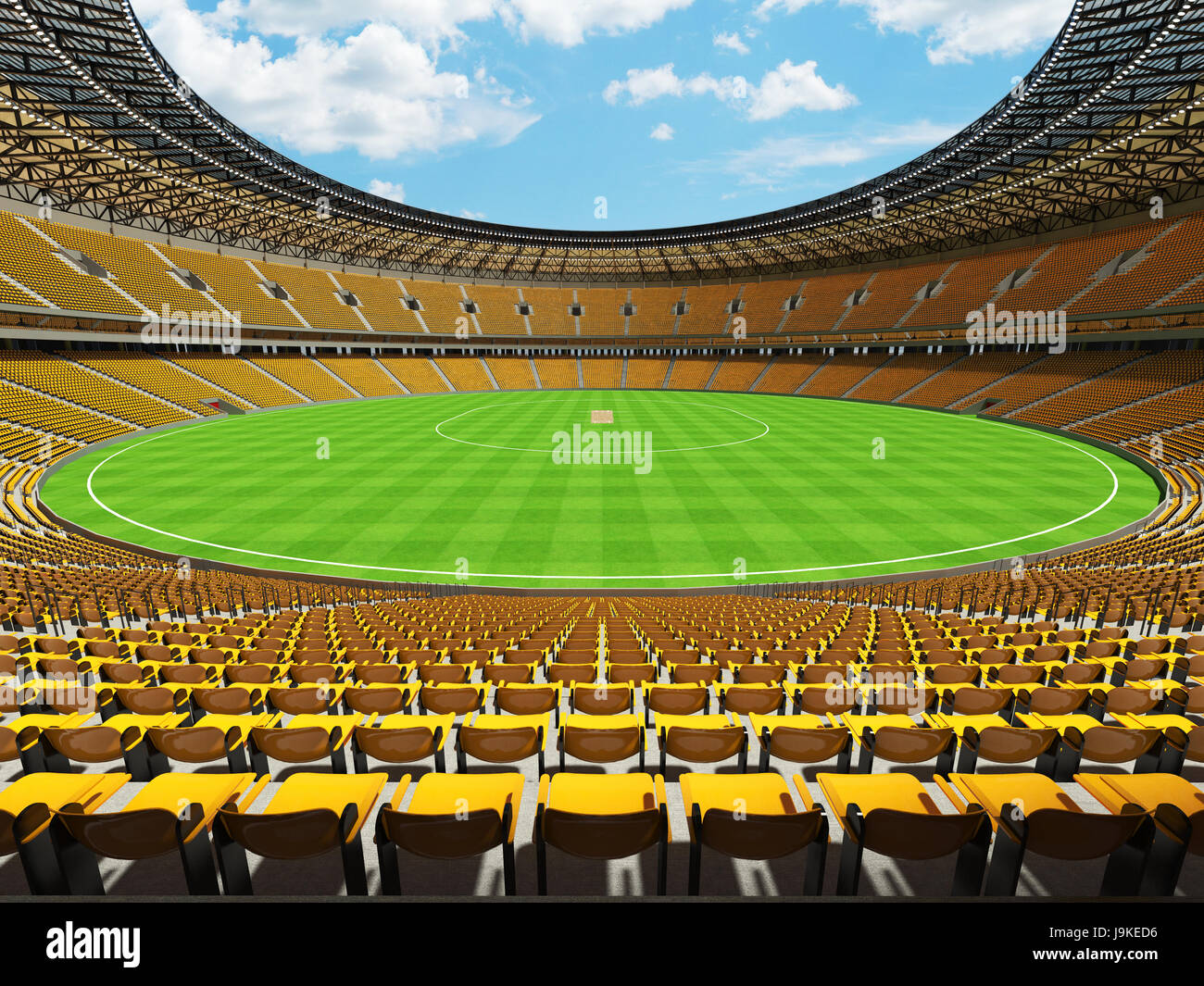 3D render of a beautiful modern round cricket stadium with yellow seats ...