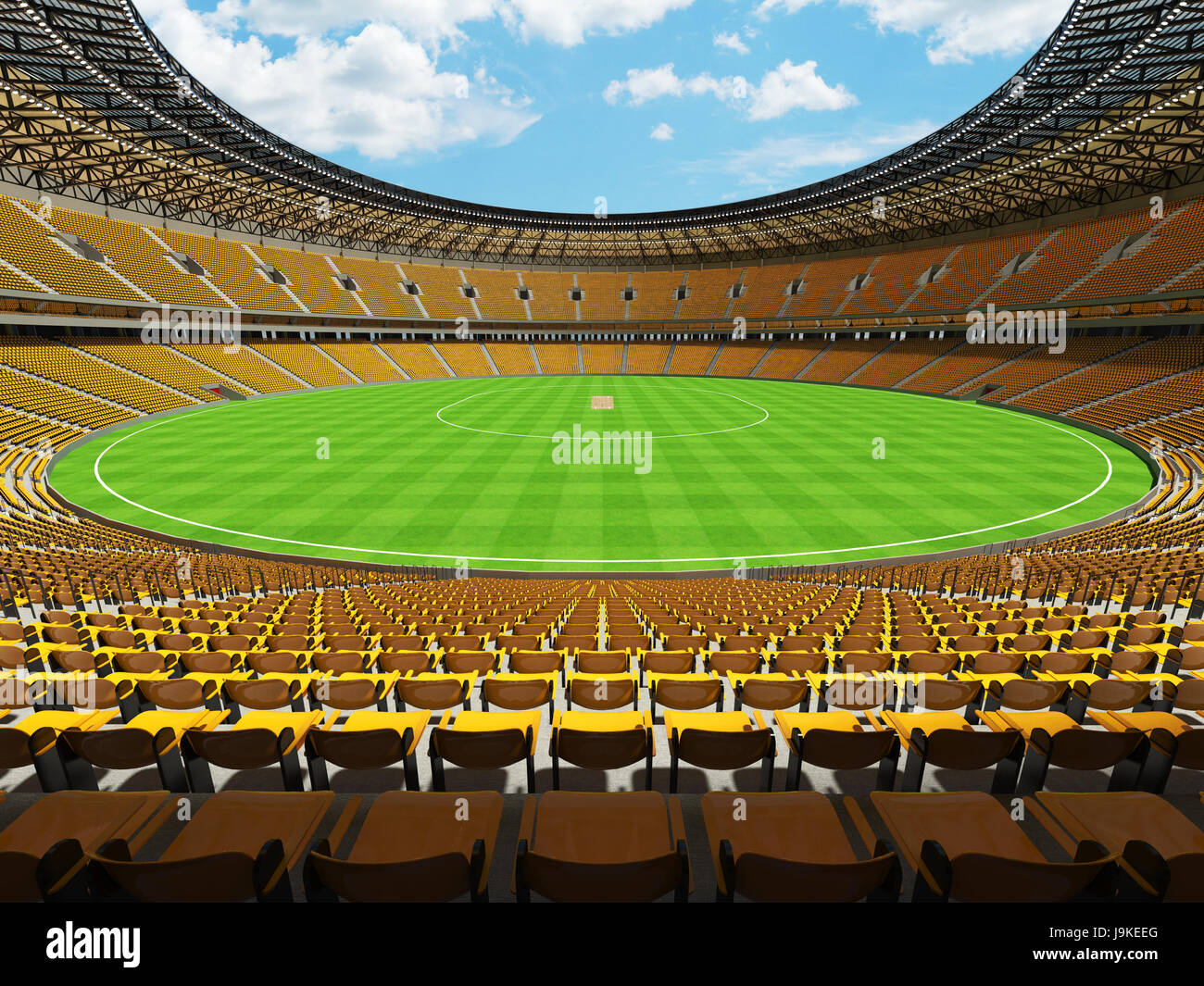 3D render of a beautiful modern round cricket stadium with yellow seats ...