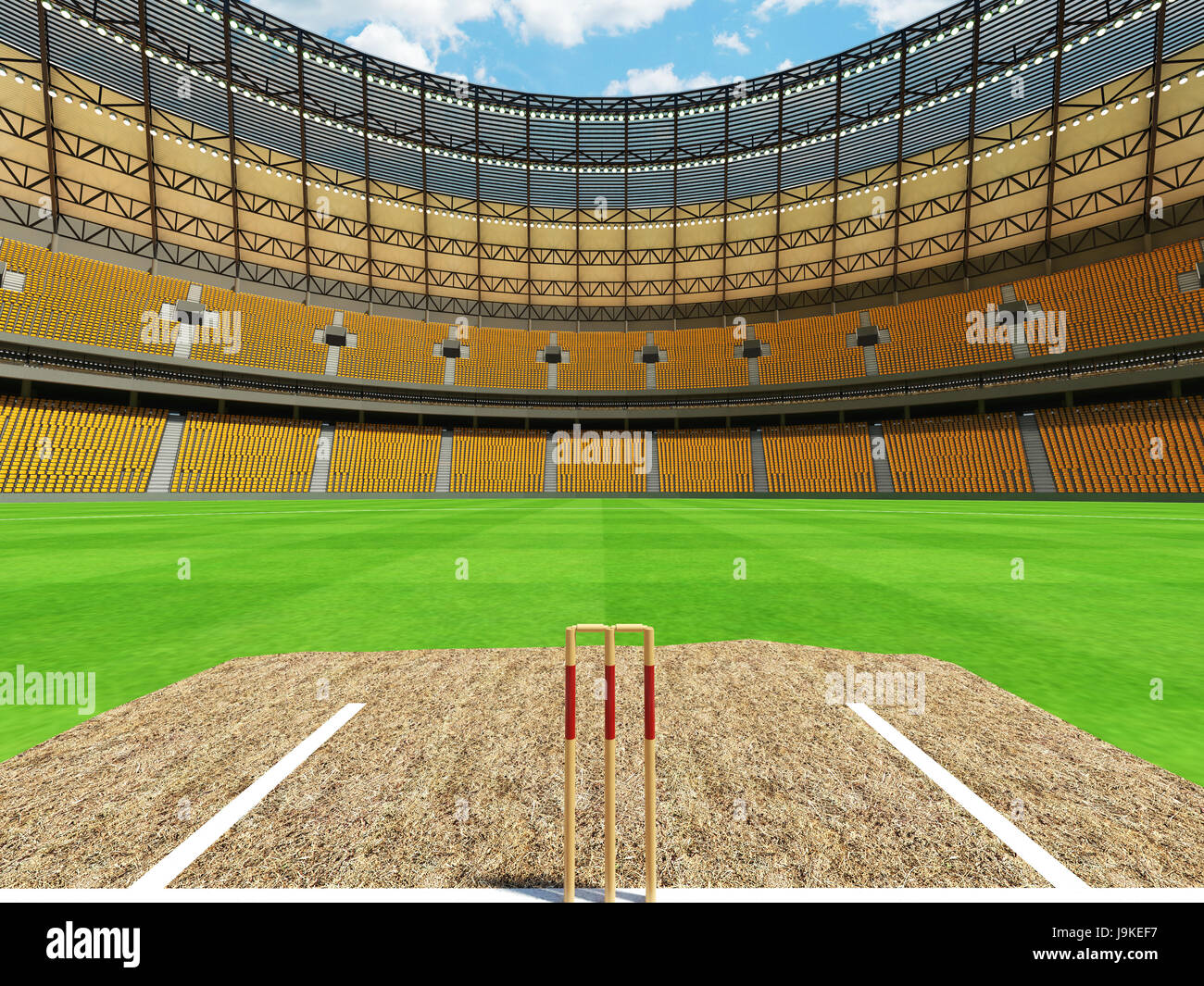 3D render of a beautiful modern round cricket stadium with yellow seats ...