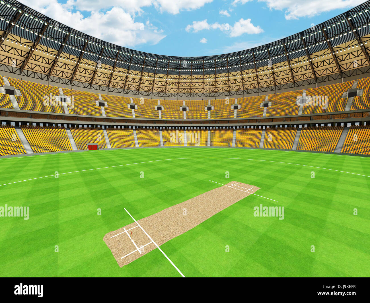 3D render of a beautiful modern round cricket stadium with yellow seats ...
