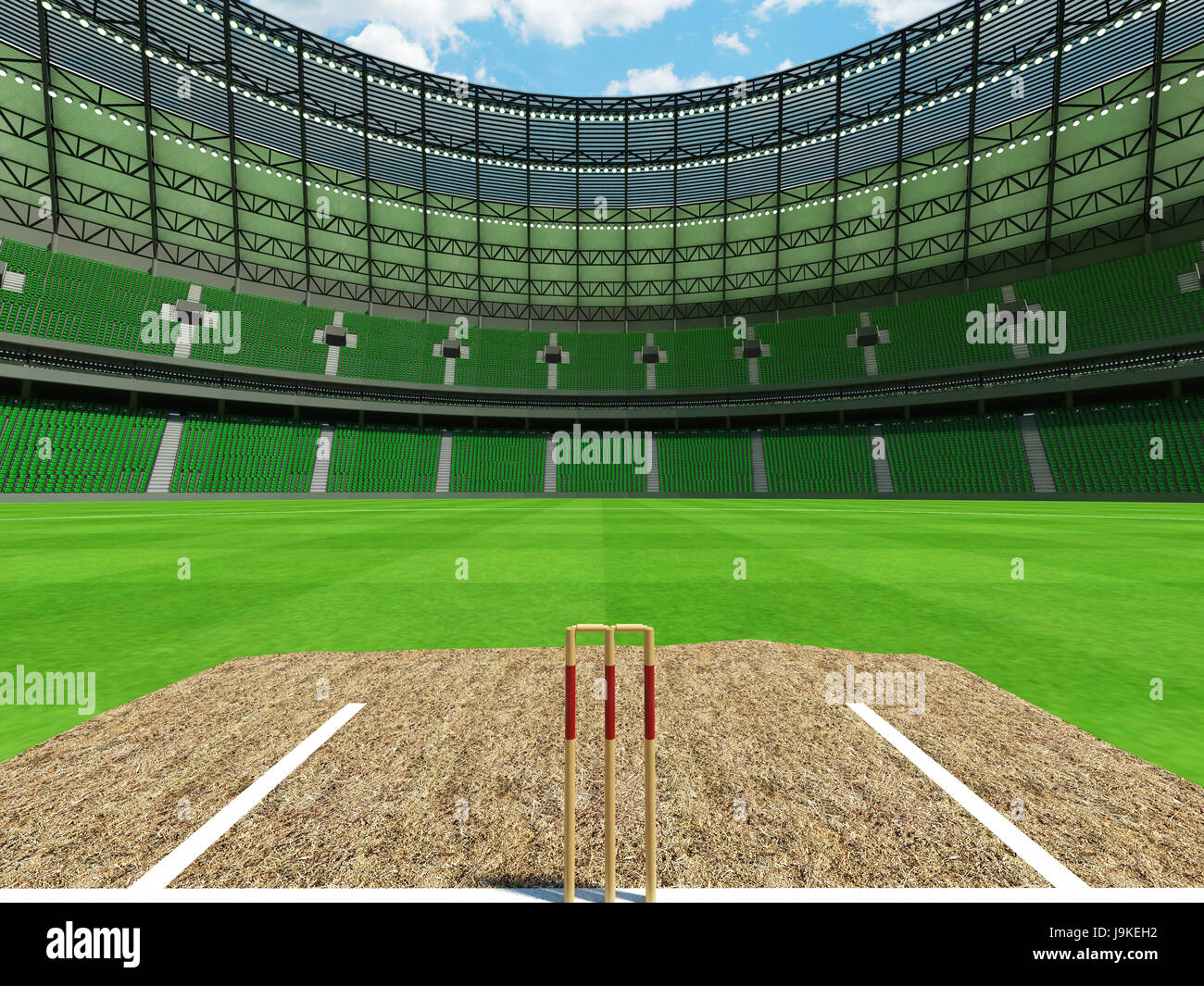 3D render of a beautiful modern round cricket stadium with green seats ...