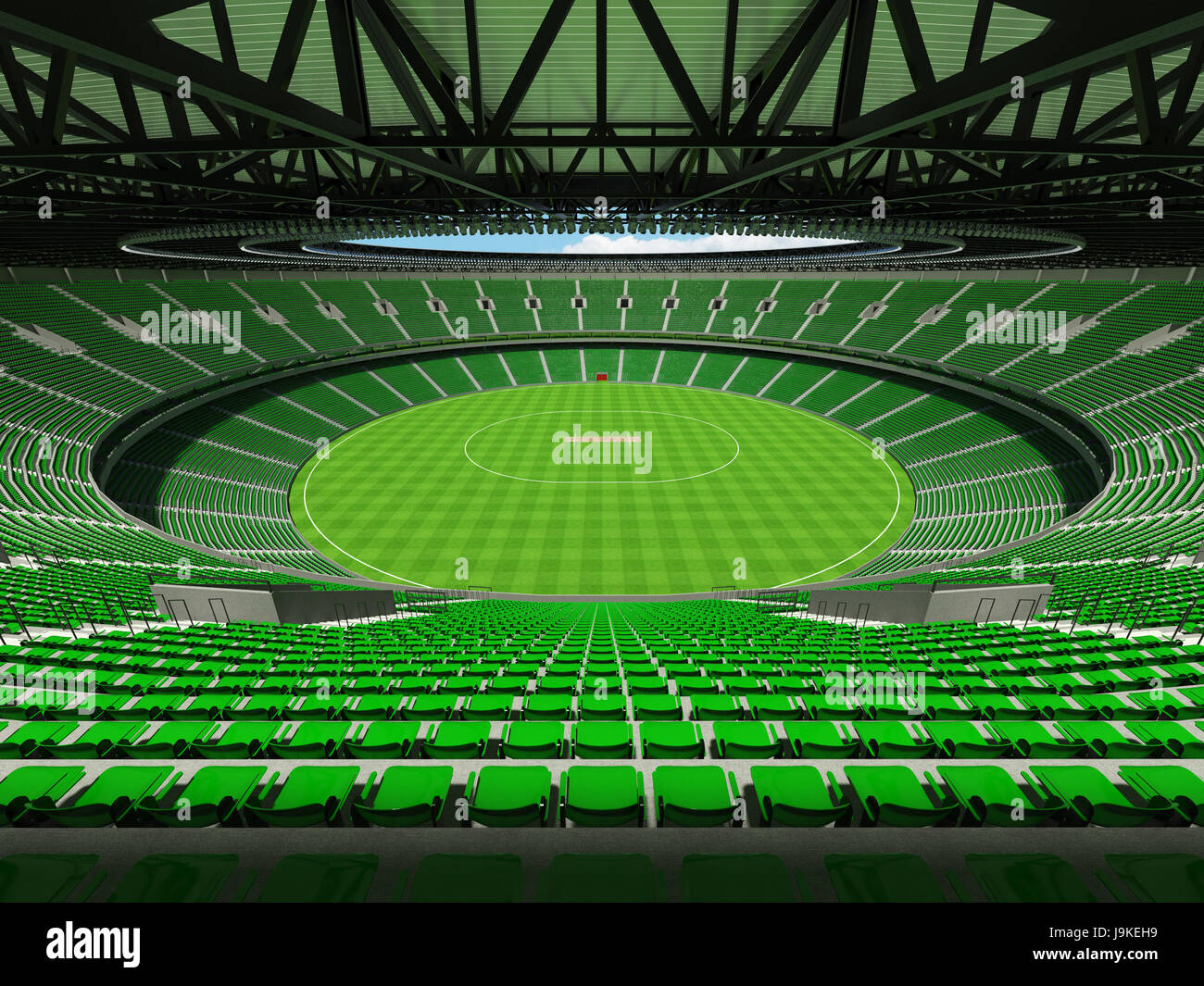 3D render of a beautiful modern round cricket stadium with green seats ...