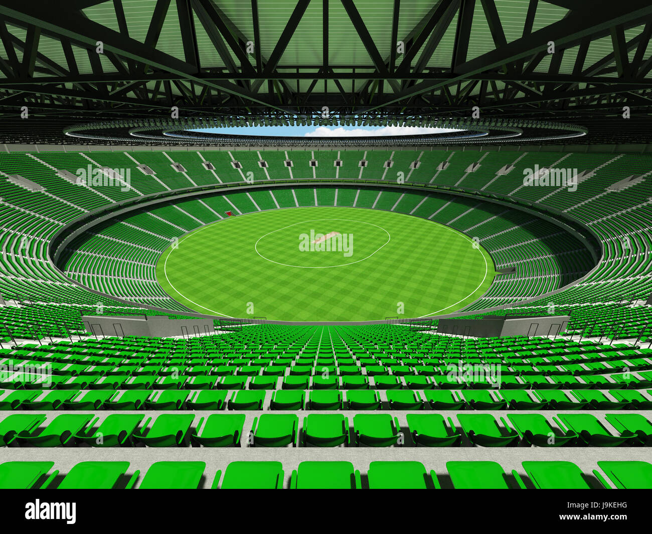 3D render of a beautiful modern round cricket stadium with green seats ...