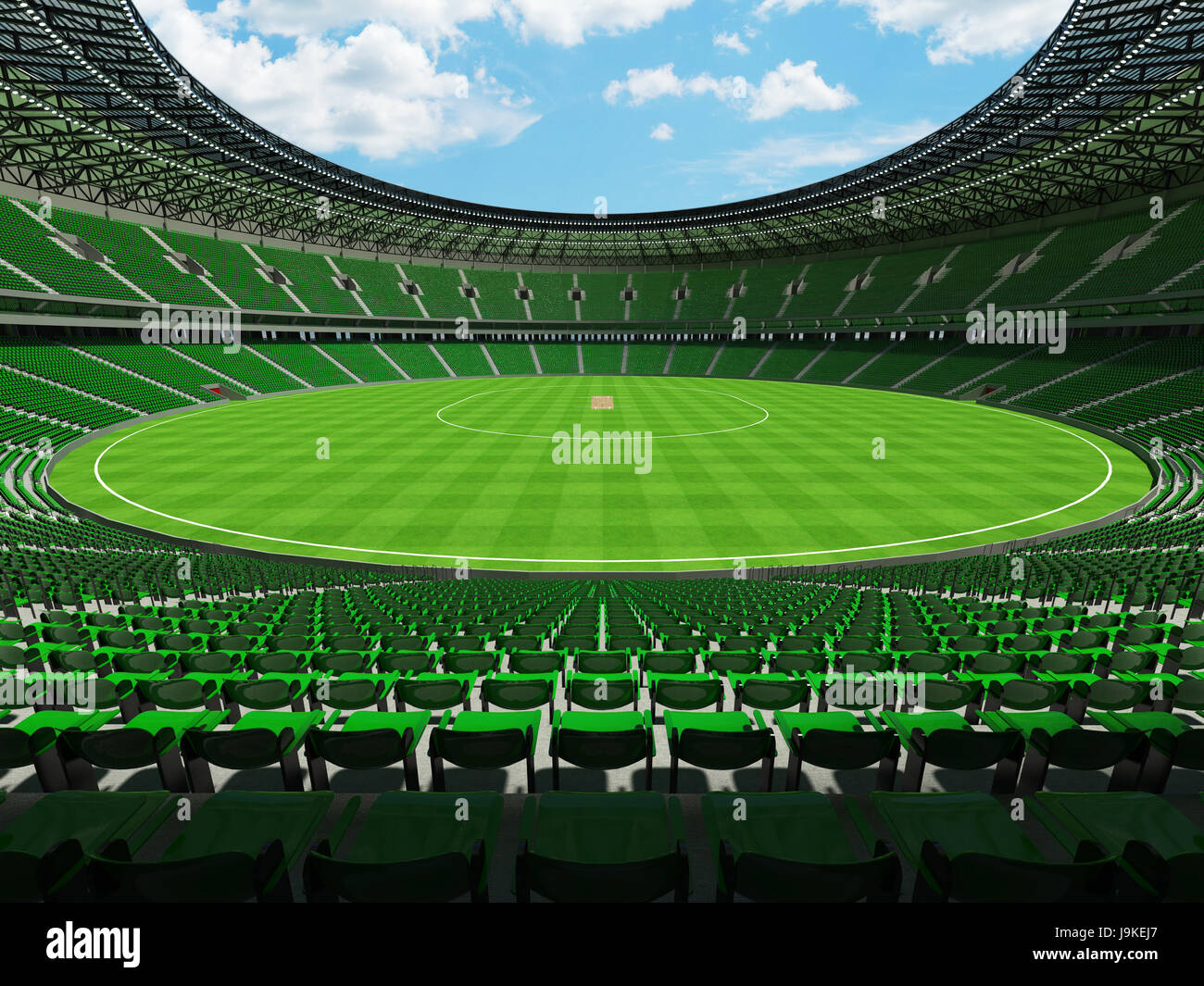 3D render of a beautiful modern round cricket stadium with green seats ...