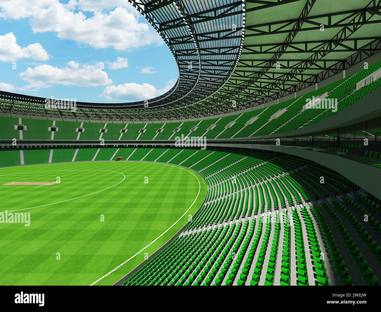 3D render of a beautiful modern round cricket stadium with green seats ...
