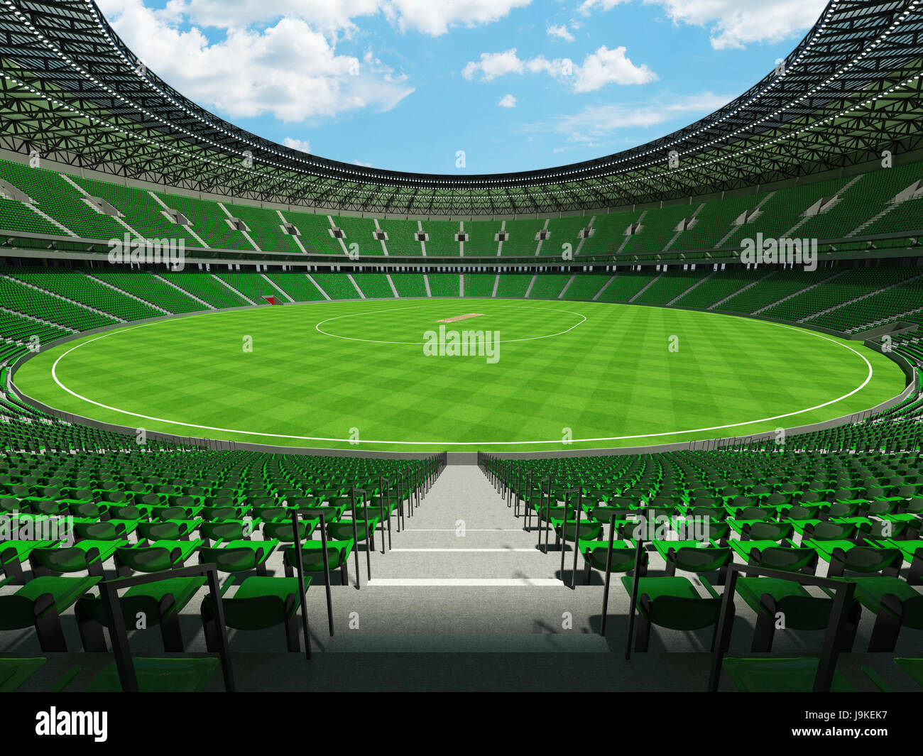 3D render of a beautiful modern round cricket stadium with green seats ...