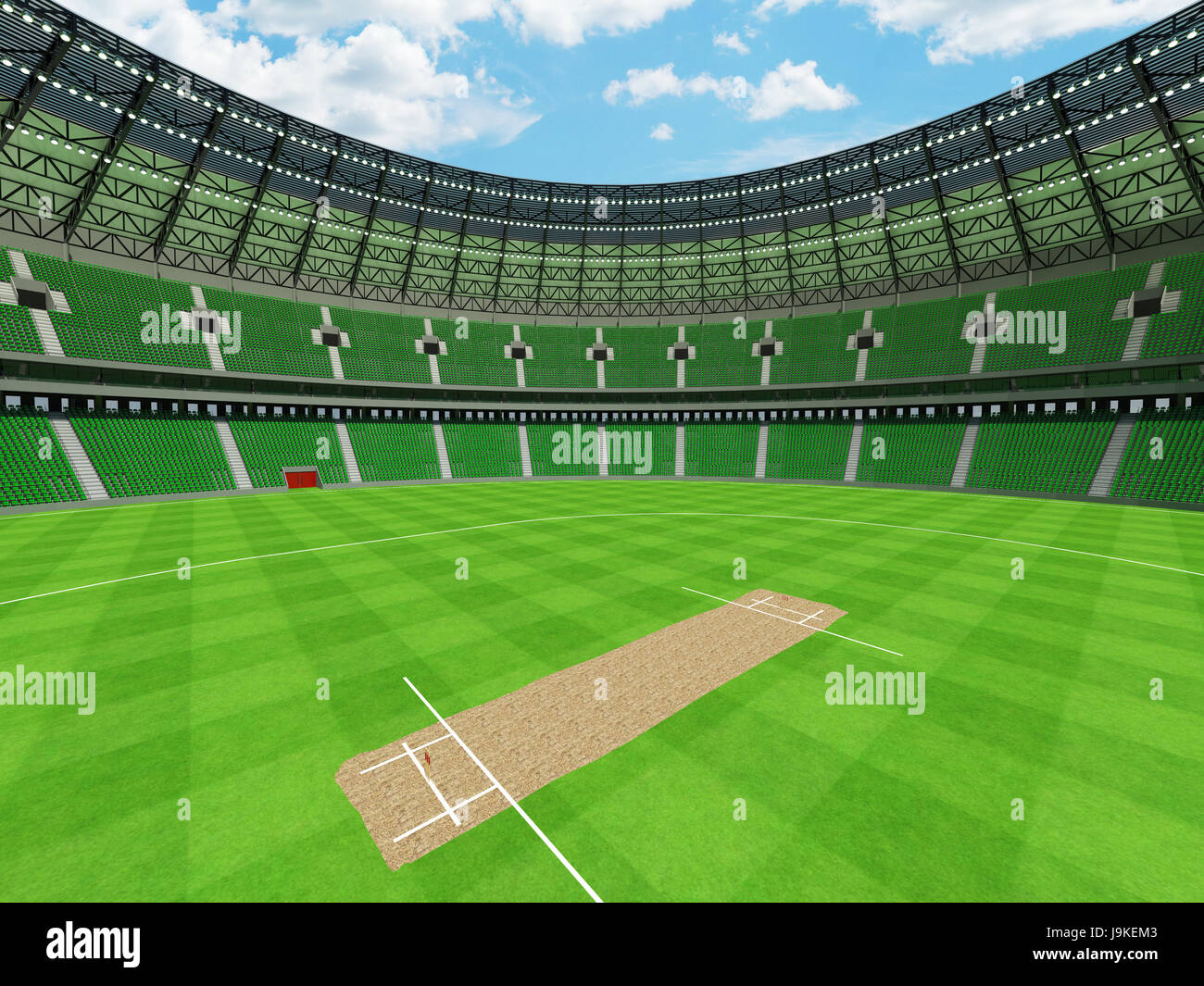 3D render of a beautiful modern round cricket stadium with green seats ...