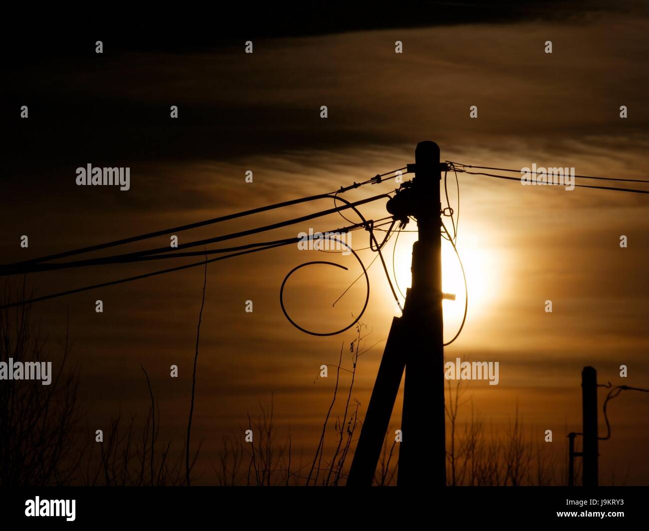 sunset, electric, wire, column, setting, shine, shines, bright, lucent ...