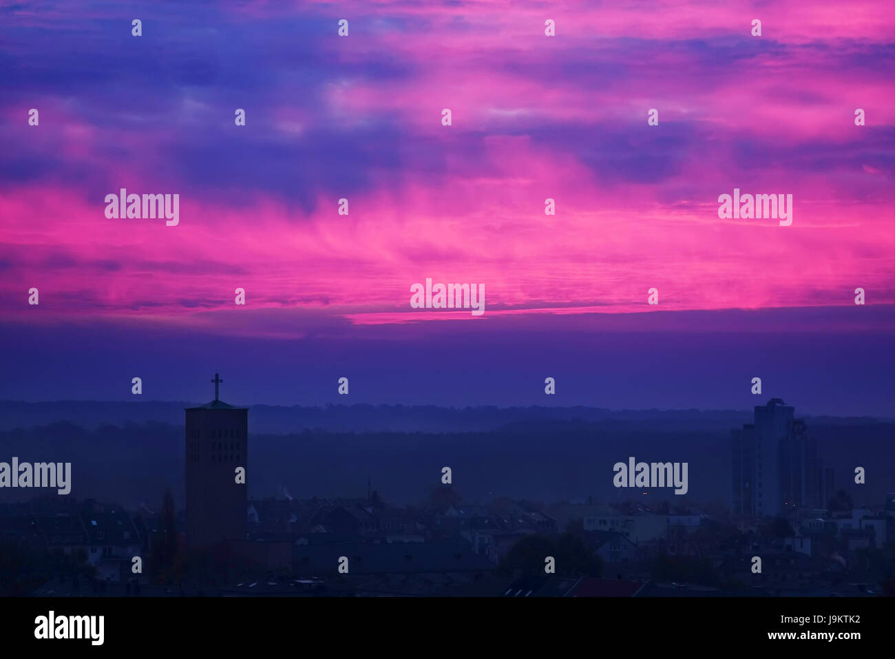 blue, tower, buildings, houses, city, town, night, nighttime, fog ...