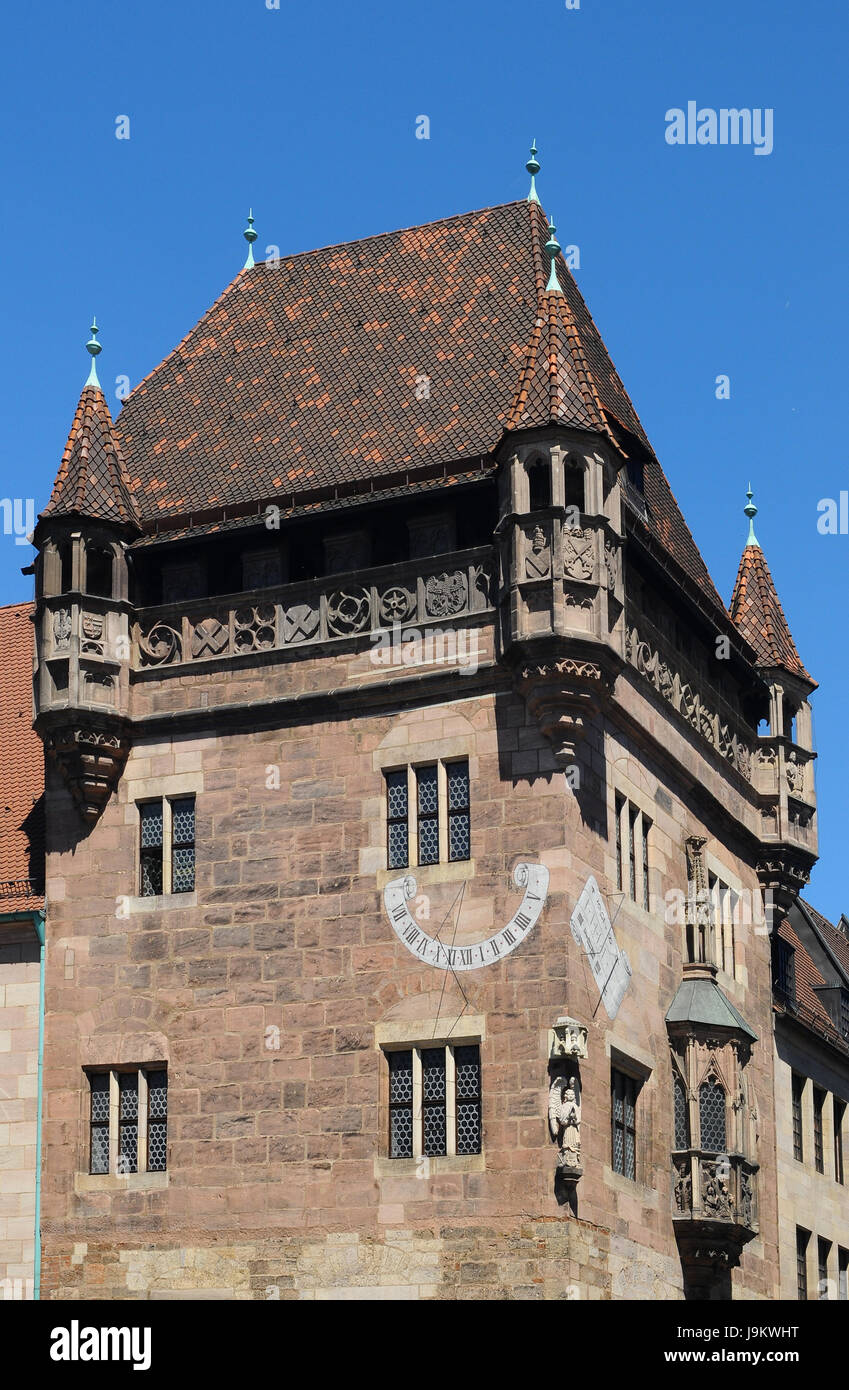 house, building, clock, nuremberg, sun dial, blue, house, building ...