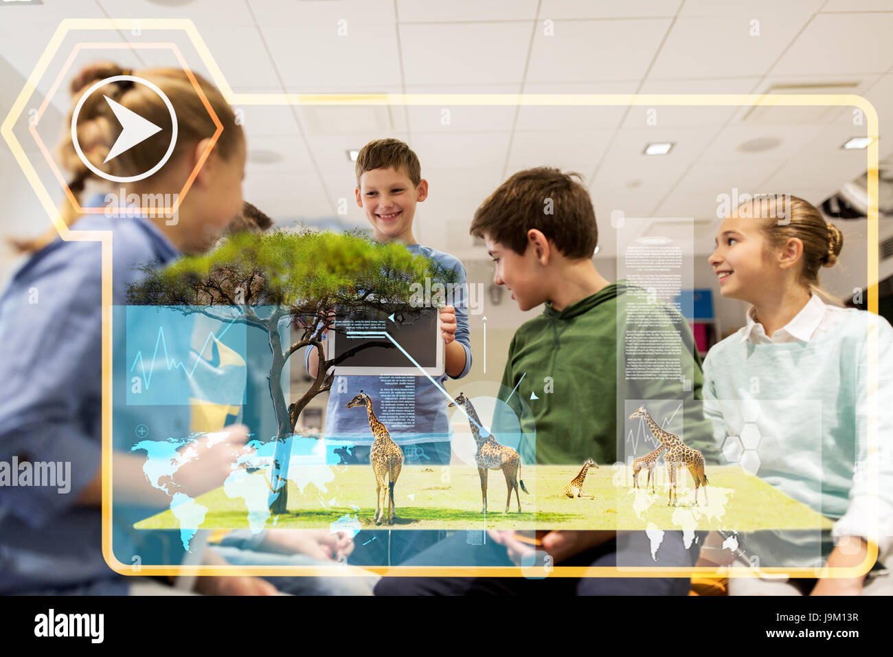 group of happy children with tablet pc at school Stock Photo - Alamy