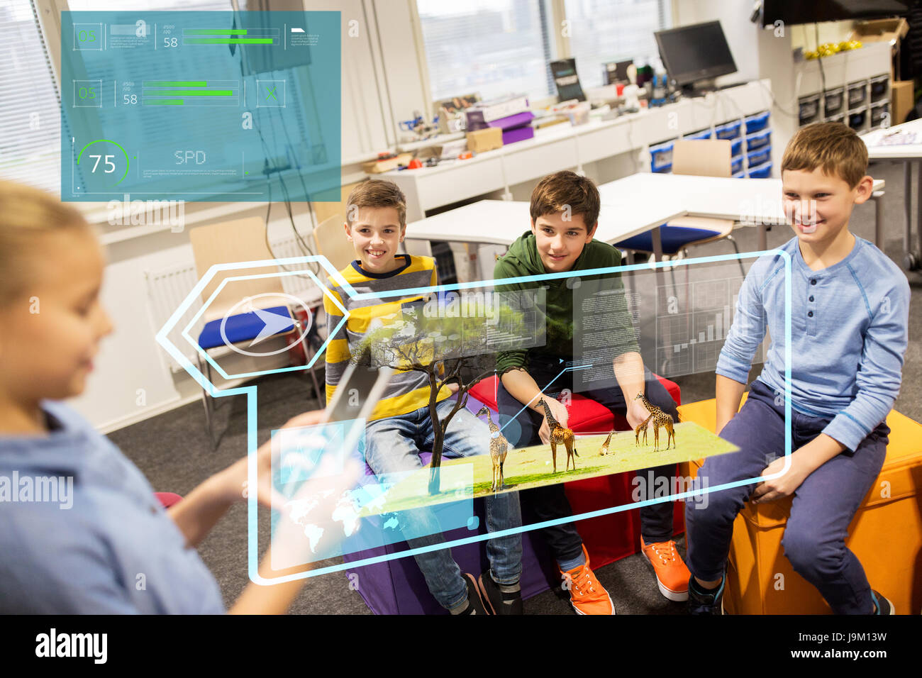 group of happy children with tablet pc at school Stock Photo - Alamy