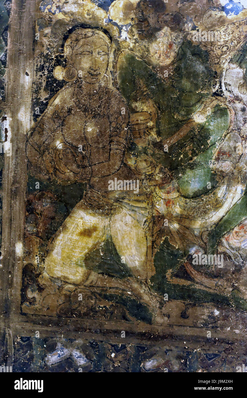 painting on ceiling, ellora caves, aurangabad, maharashtra, India, Asia ...