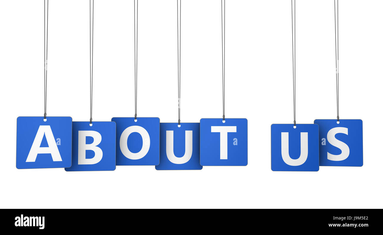 About us sign and letters on blue paper tags for blog and online ...