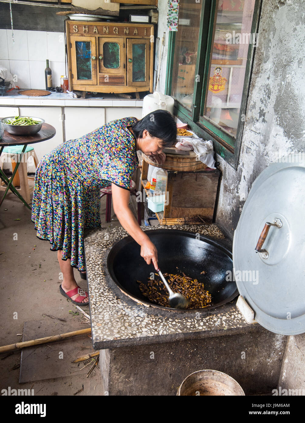 Chinese farmhouse kitchen, near Xifeng, Liaoning, China. Corn stalks ...