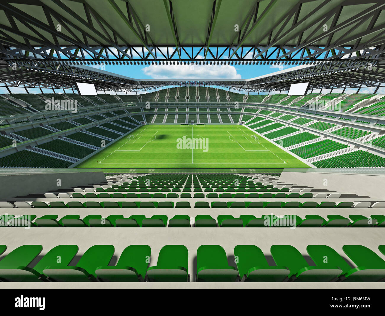 3d render of beautiful modern football stadium with green seats and vip ...
