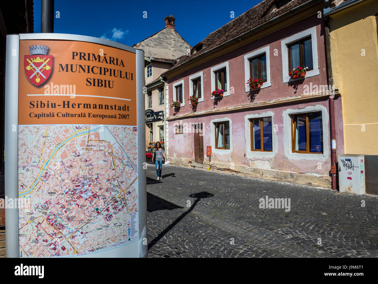 Tourist map on a Strada Cetatii (Castle or Fortress Street) in Sibiu city of Transylvania region ...