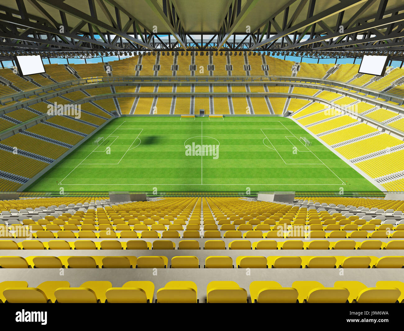 3d render of beautiful modern football stadium with yellow seats and ...