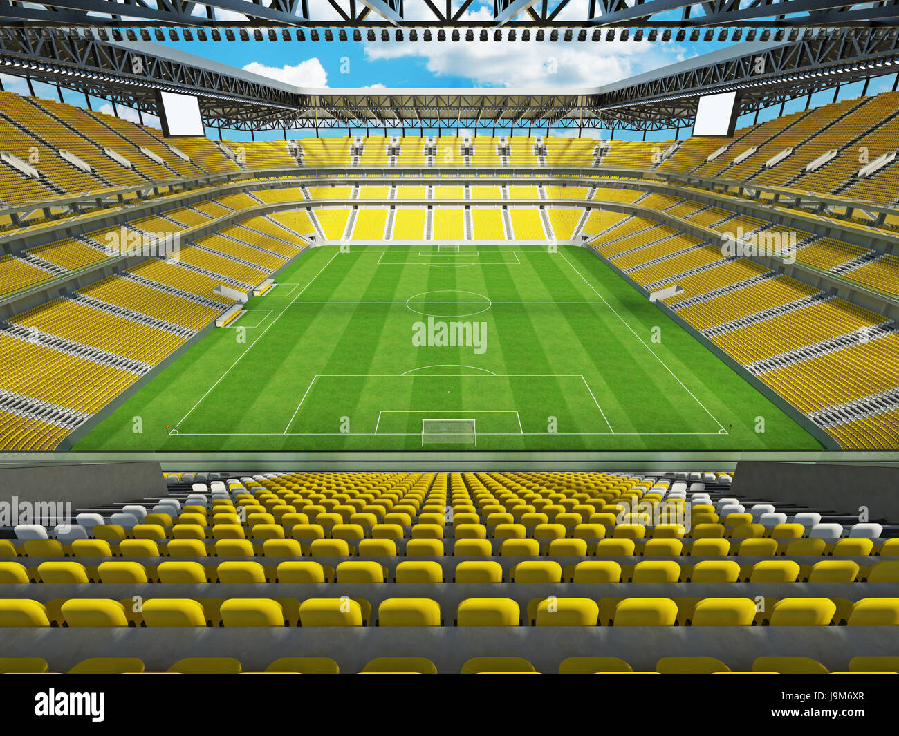 3d render of beautiful modern football stadium with yellow seats and ...