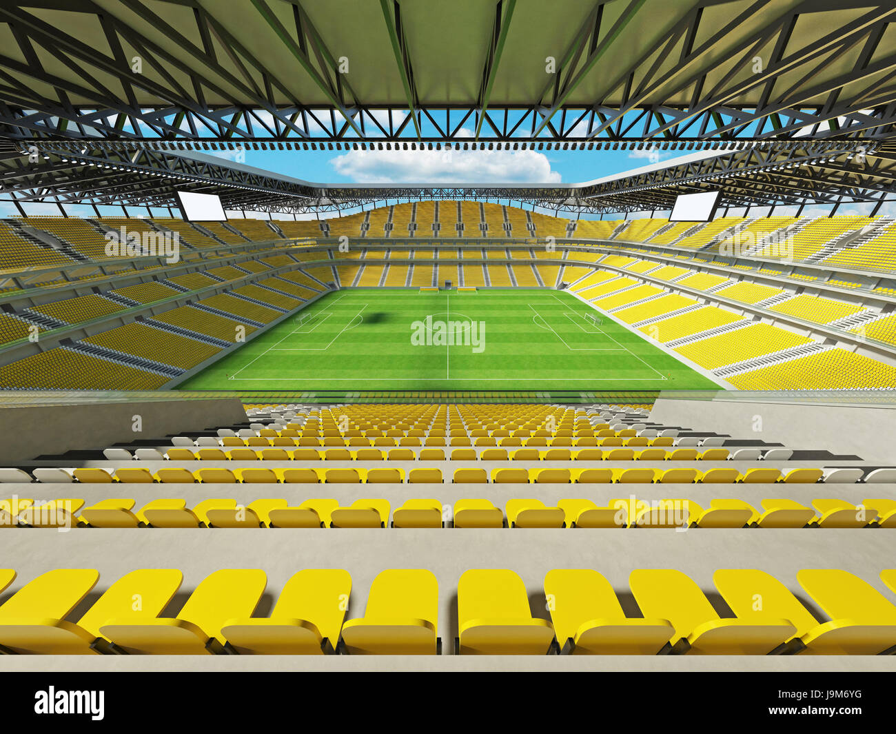 3d render of beautiful modern football stadium with yellow seats and ...