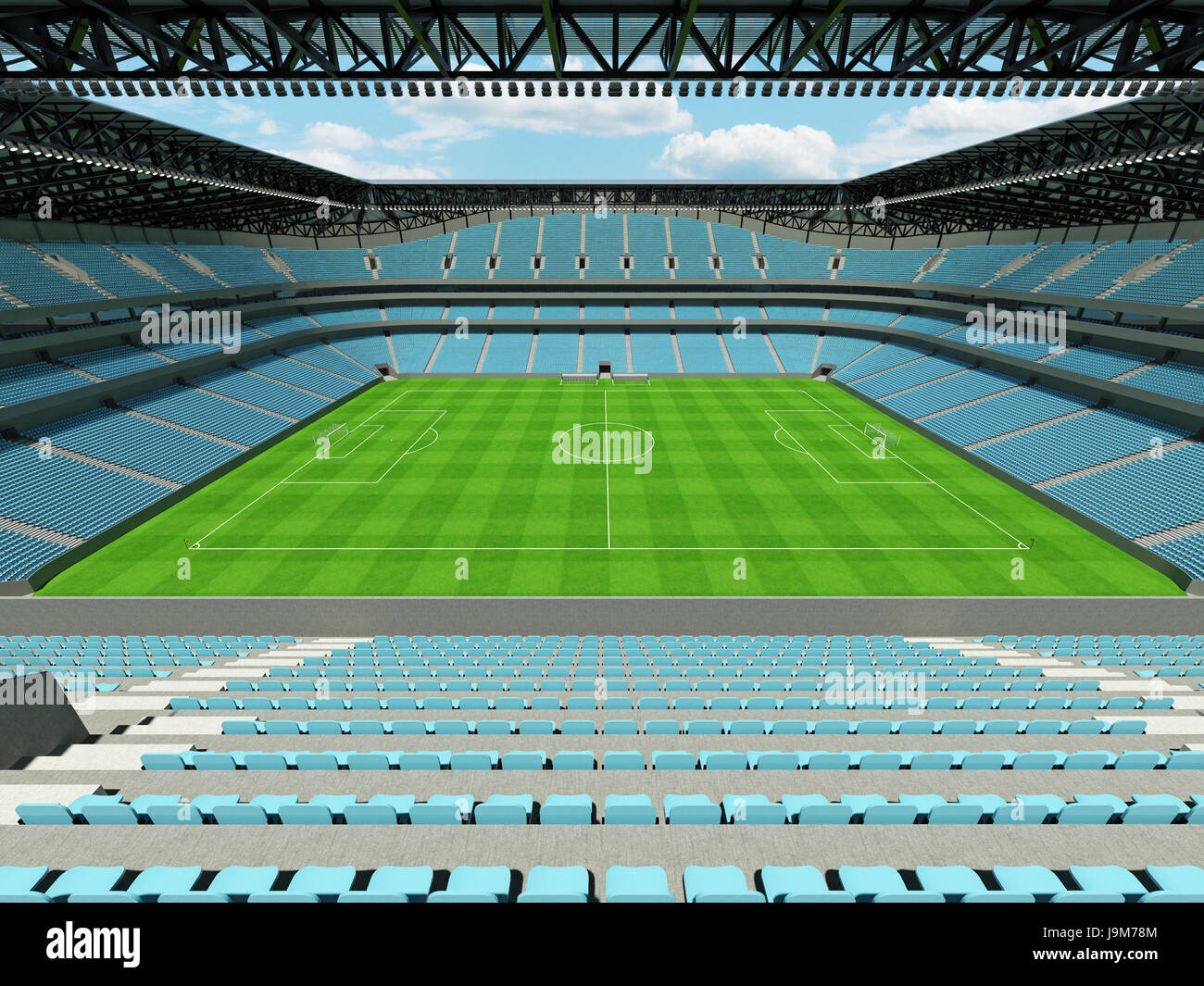 Modern football stadium with sky blue seats for fifty thousand fans ...