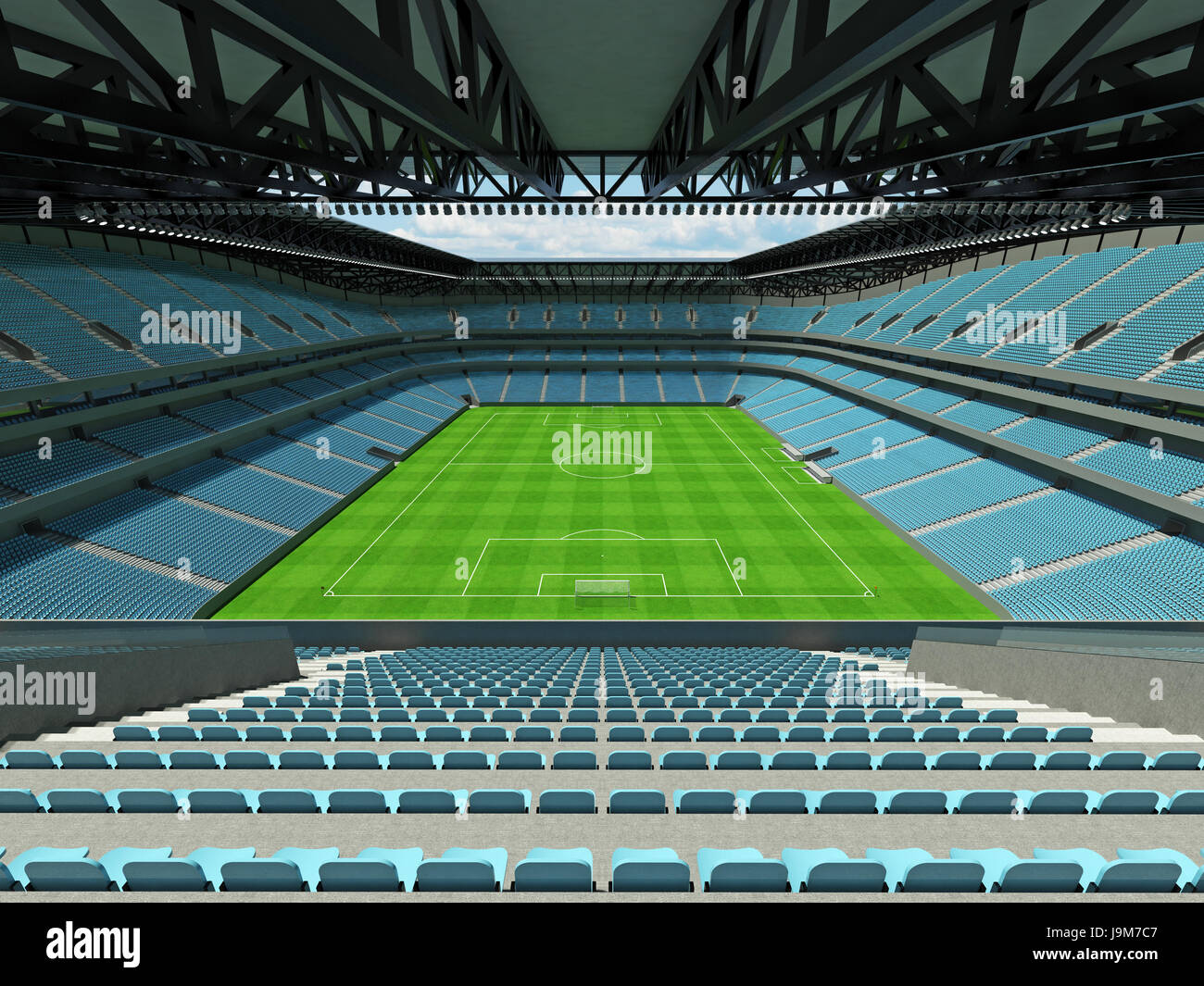Modern football stadium with sky blue seats for fifty thousand fans ...