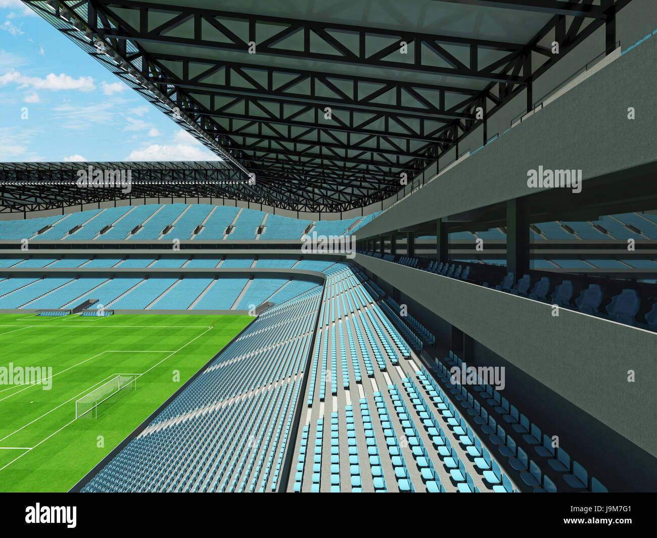 Modern football stadium with sky blue seats for fifty thousand fans ...