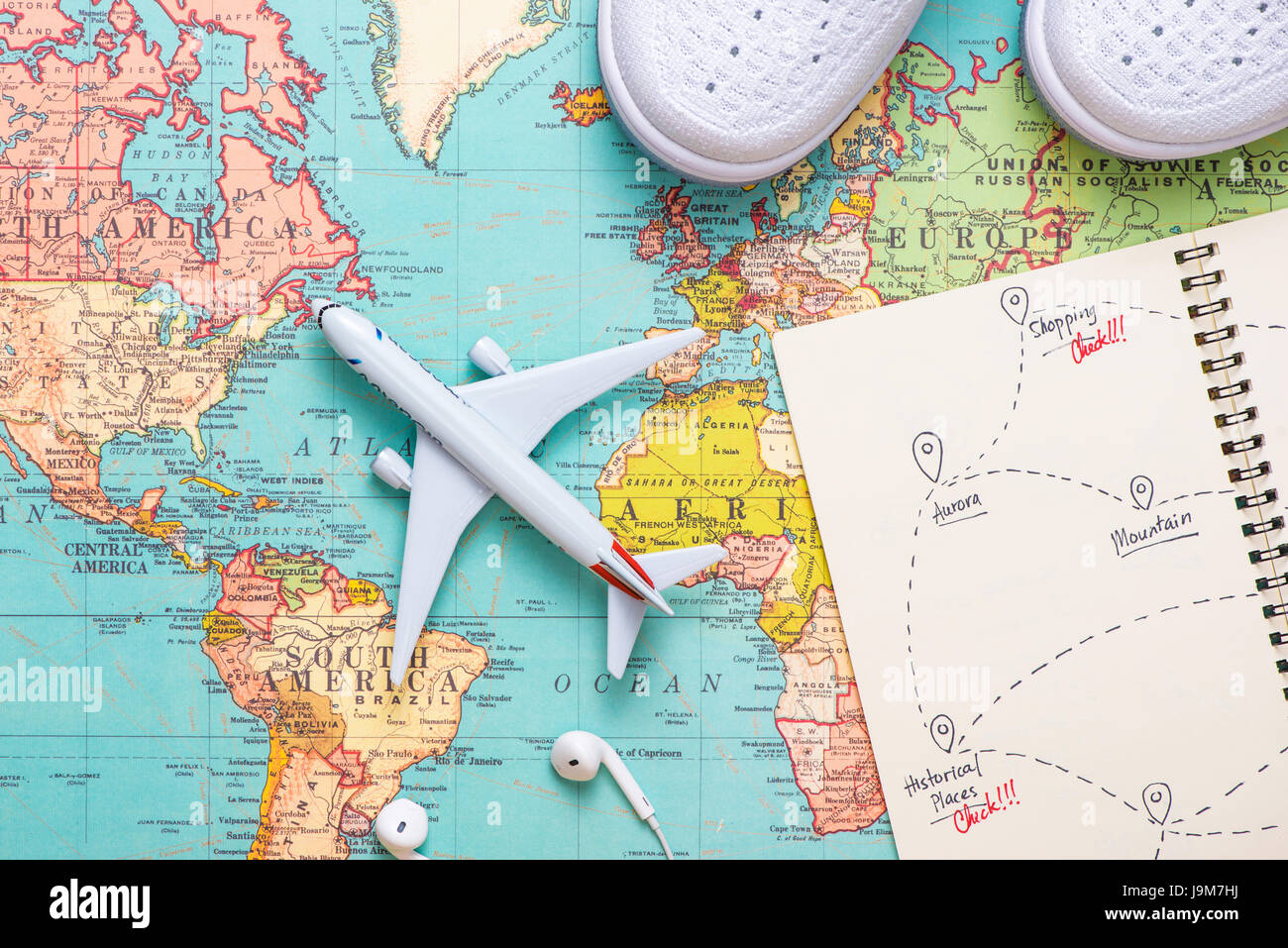 Travel. Trip. Vacation - Top view airplane with touristic map Stock ...