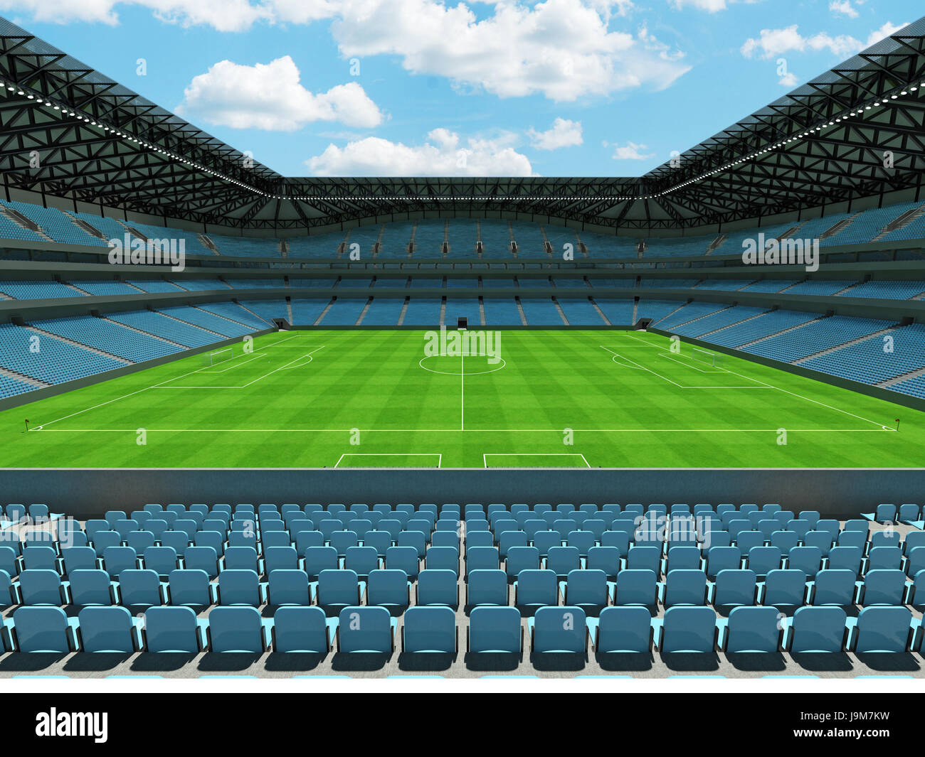 Modern football stadium with sky blue seats for fifty thousand fans ...