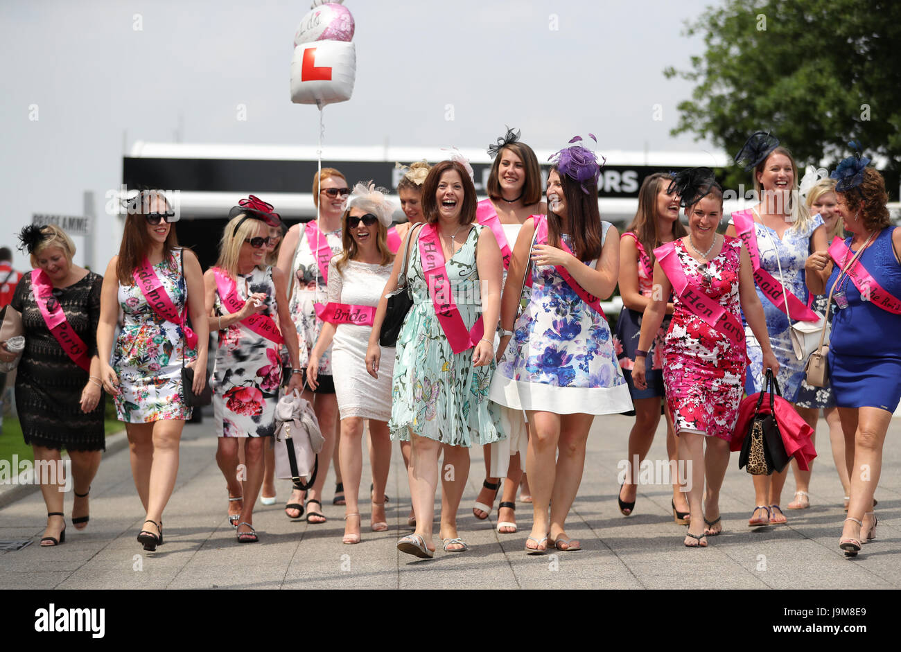 Female racegoers arrive for a hen party on Ladies Day during the 2017 ...