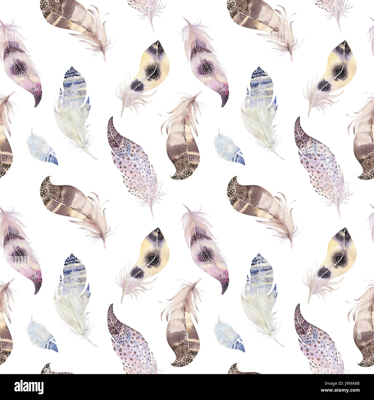 Watercolor natural birds feathers boho pattern. Bohemian Seamless ...