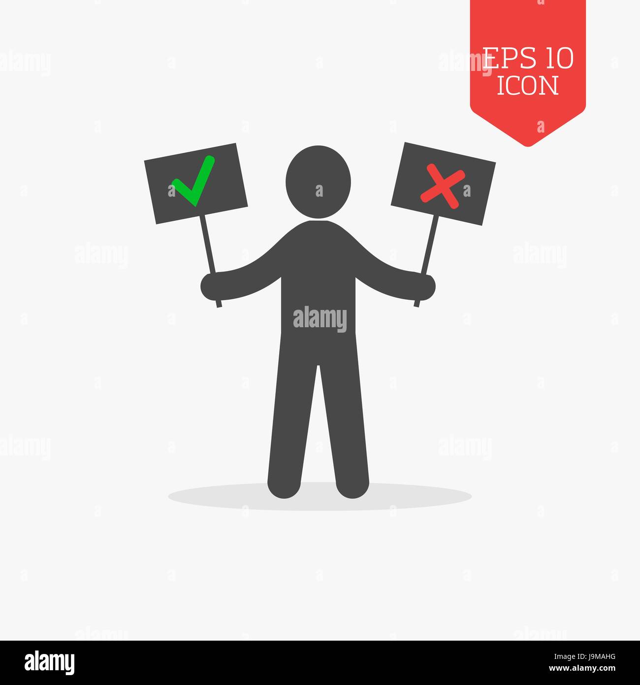 Man holds right and wrong signs icon. Flat design gray color symbol ...