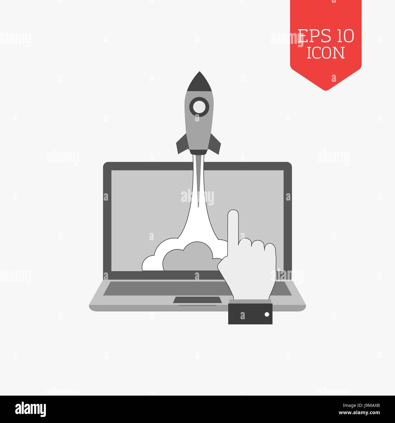 Rocket launch from laptop icon, startup concept. Flat design gray color ...