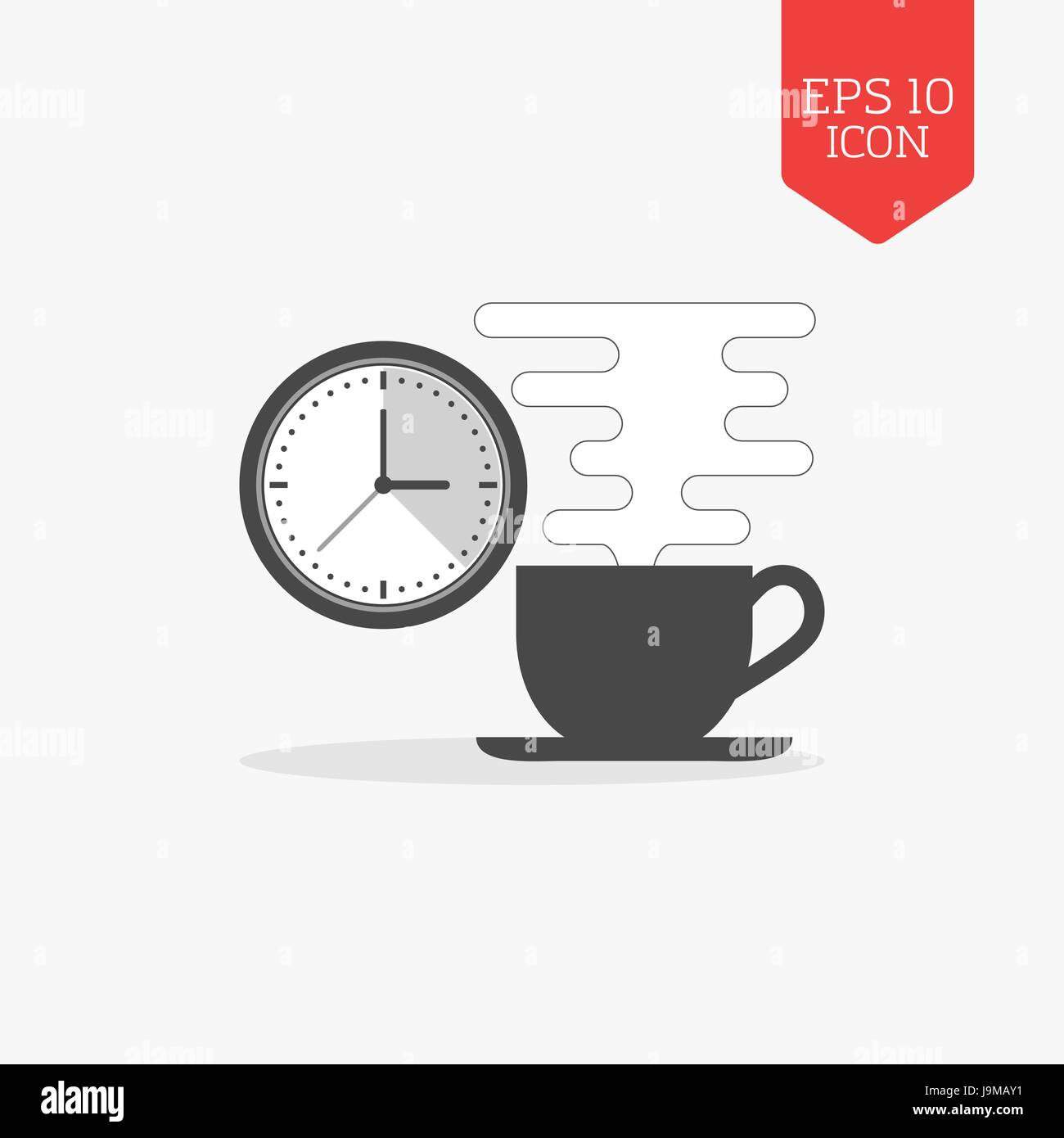 Coffee cup and clock icon. Break time concept. Flat design gray color ...