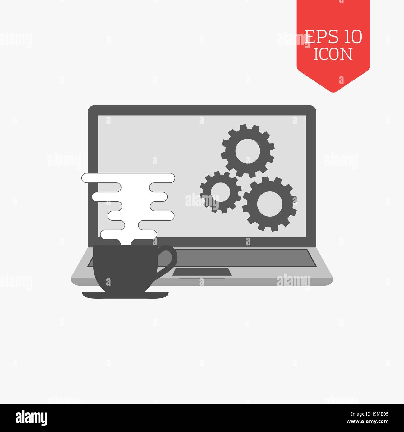 Coffee cup and laptop icon. Freelance concept. Flat design gray color ...