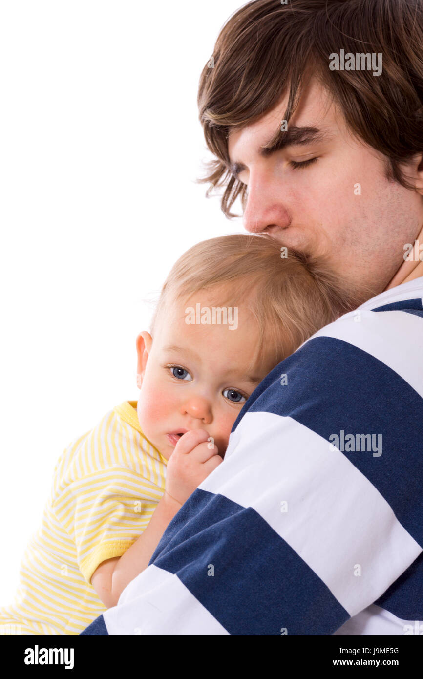 Sad father holding child close up isolated on white Stock Photo - Alamy