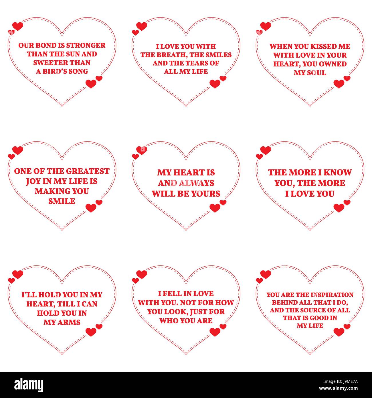 Set of love wishes quotes over white background. Simple heart shape ...