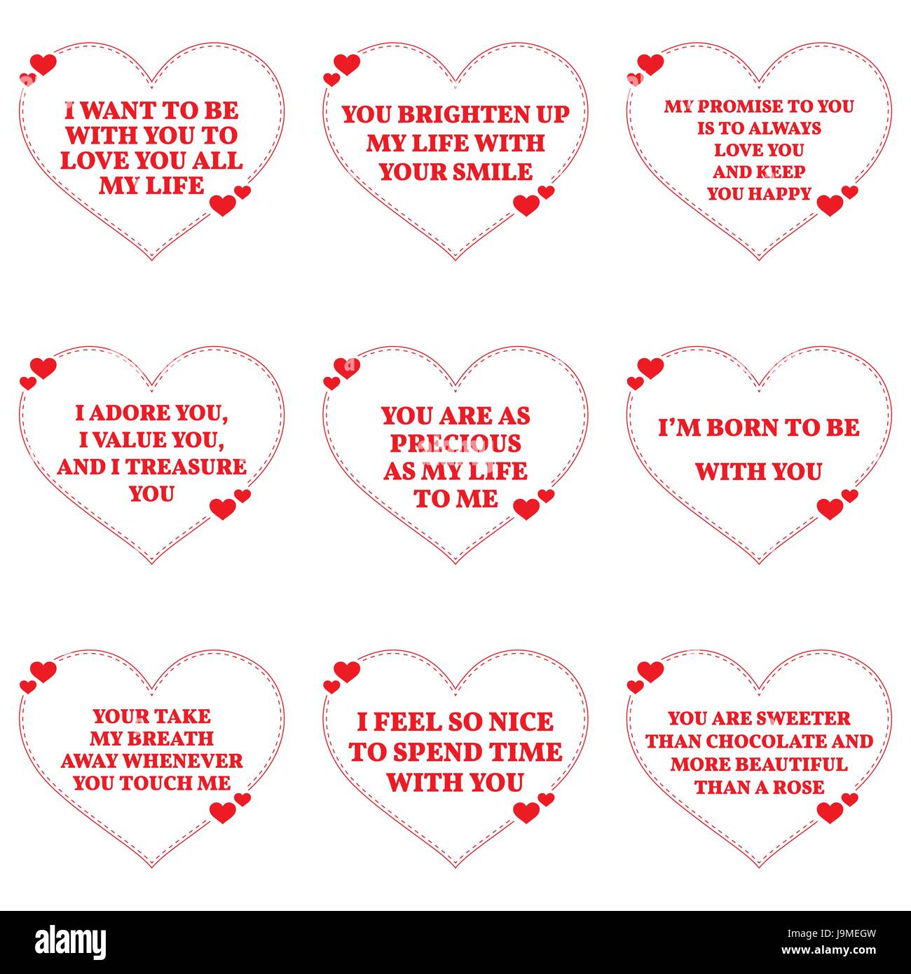 Set of love wishes quotes over white background. Simple heart shape ...
