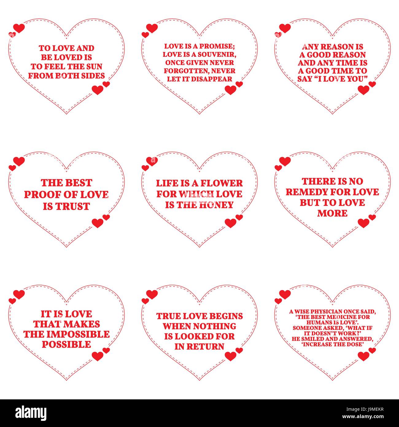 Set of quotes about love over white background. Simple heart shape ...