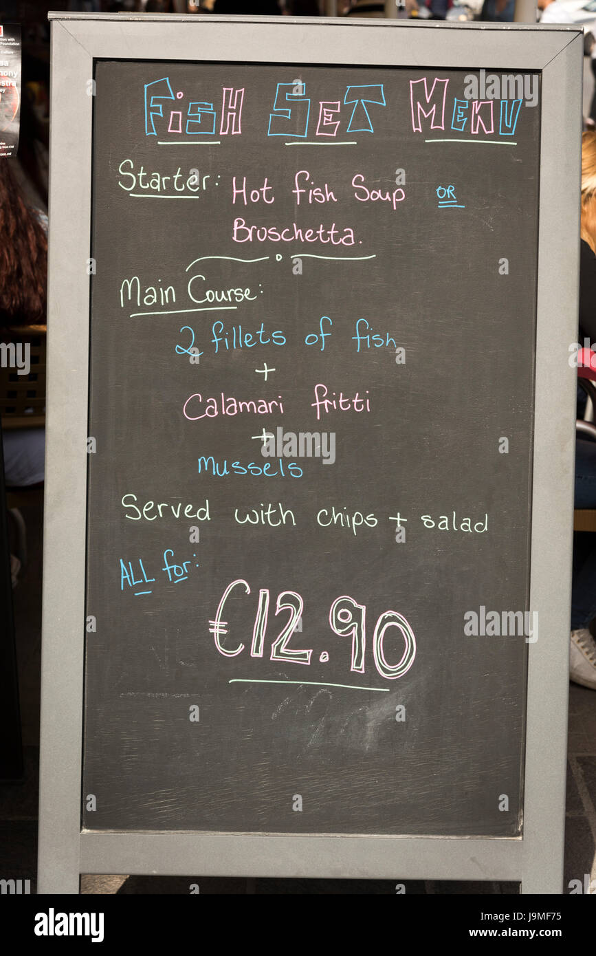 A restaurant menu blackboard sign in Malta in a seafood restaurant ...