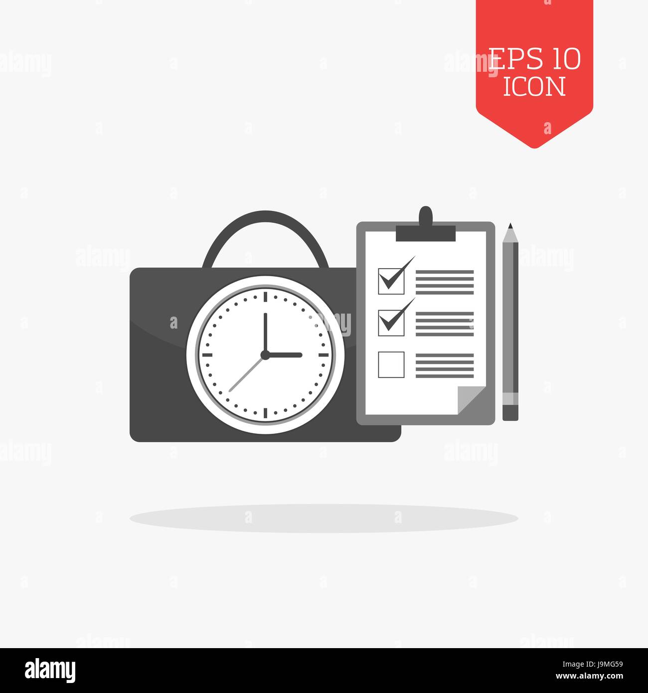 Clock with briefcase and checklist icon. Time management concept. Flat ...