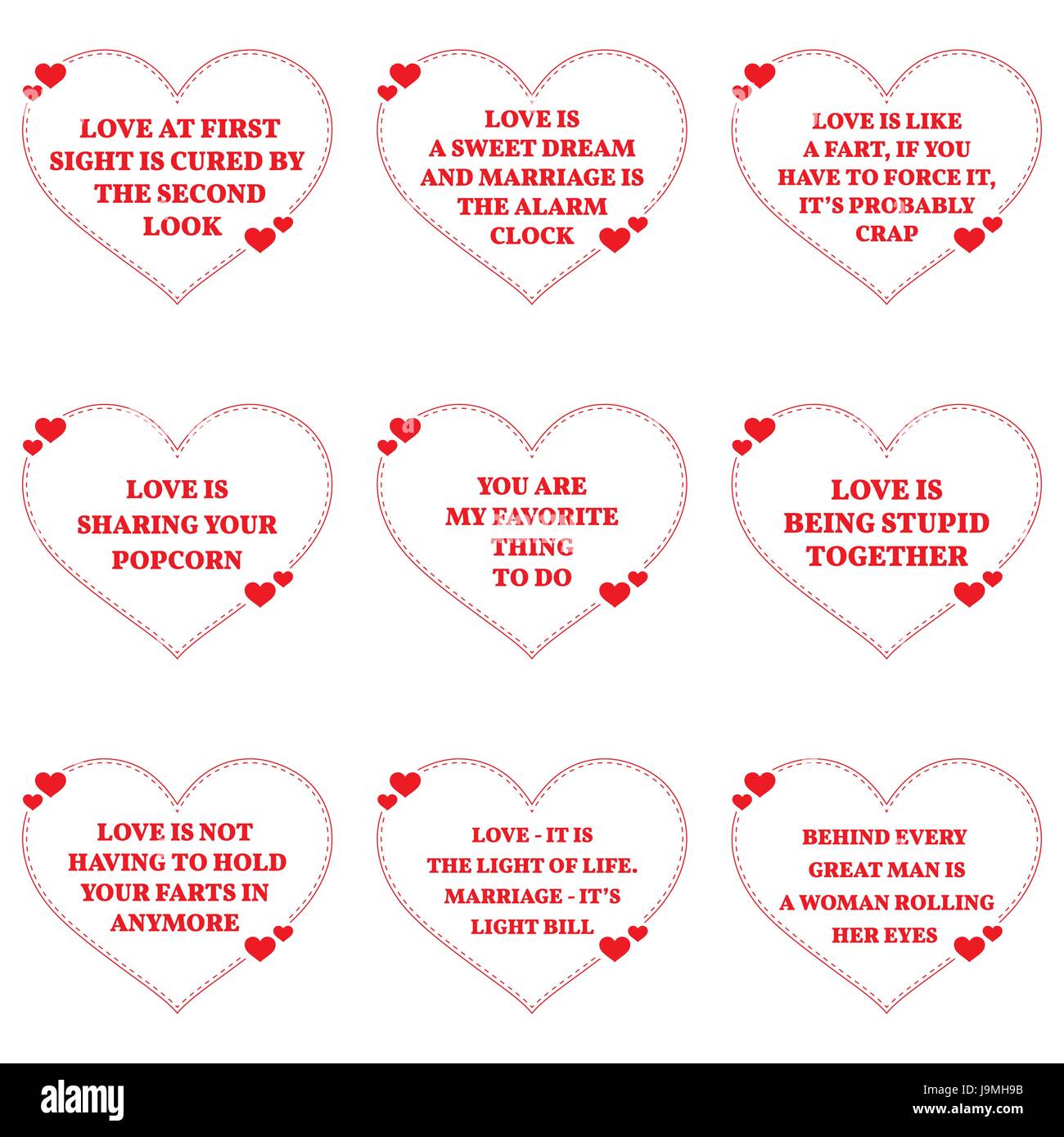 Set of funny love wishes quotes over white background. Simple heart ...