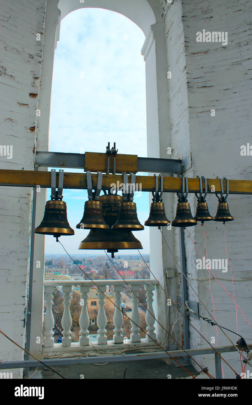Different bells in church belltower in Kozelets town Stock Photo - Alamy