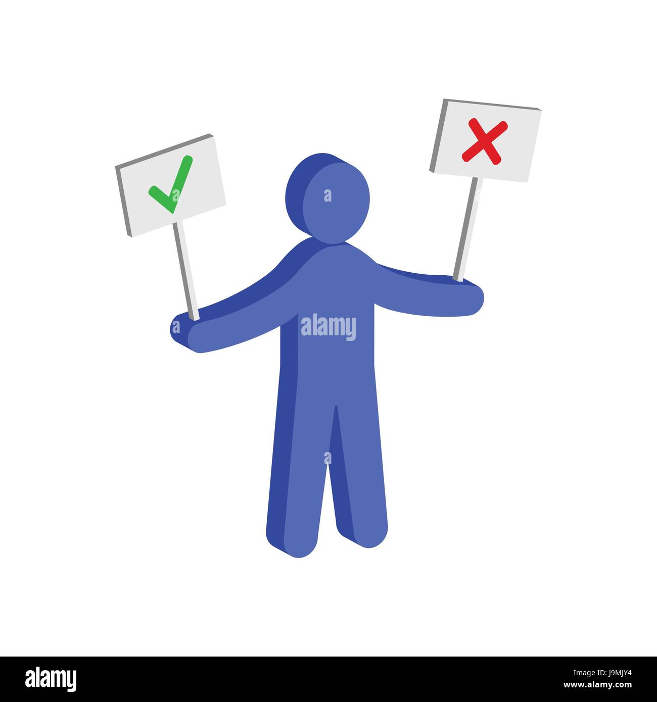 Figure man holding right and wrong signs. Flat Isometric Icon or Logo ...