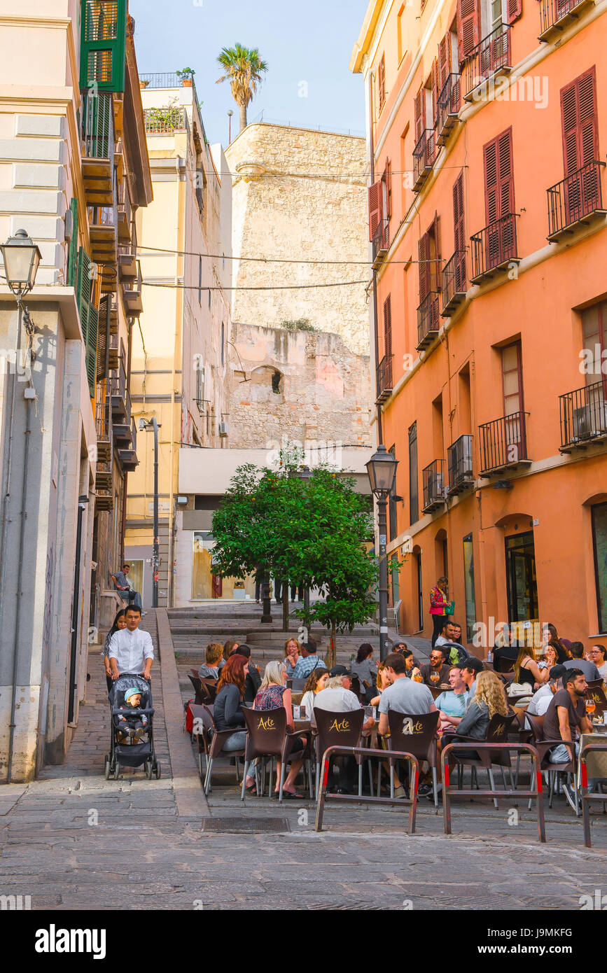Cagliari Sardinia cafe, tourists relax on a bar terrace near Via ...
