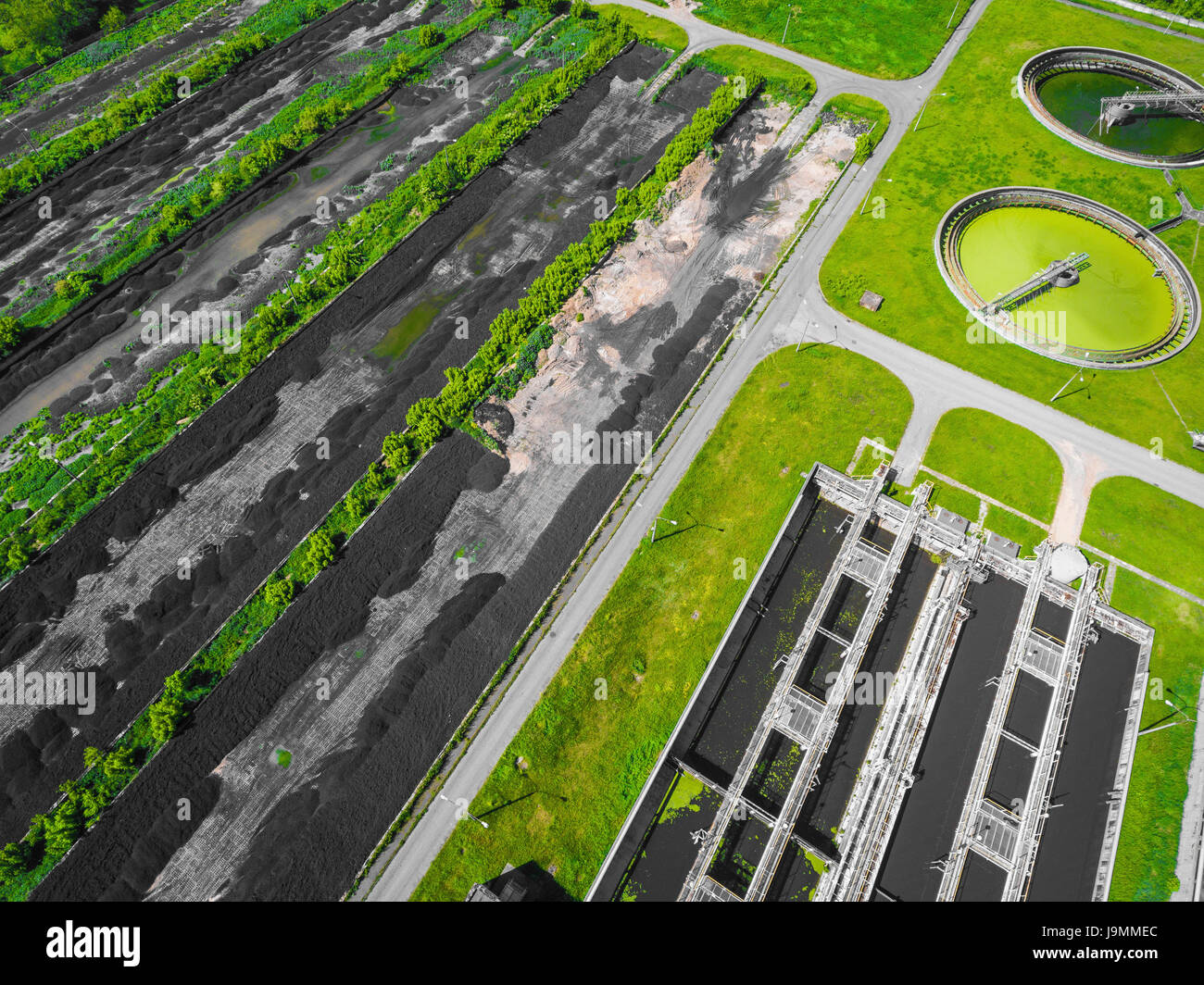 Sewage farm. Static aerial photo looking down onto the clarifying tanks ...